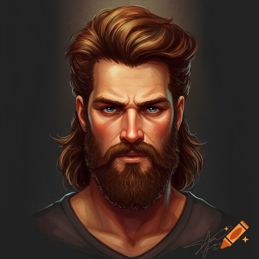 Illustration of a man with a beard and a mullet hairstyle looking at ...