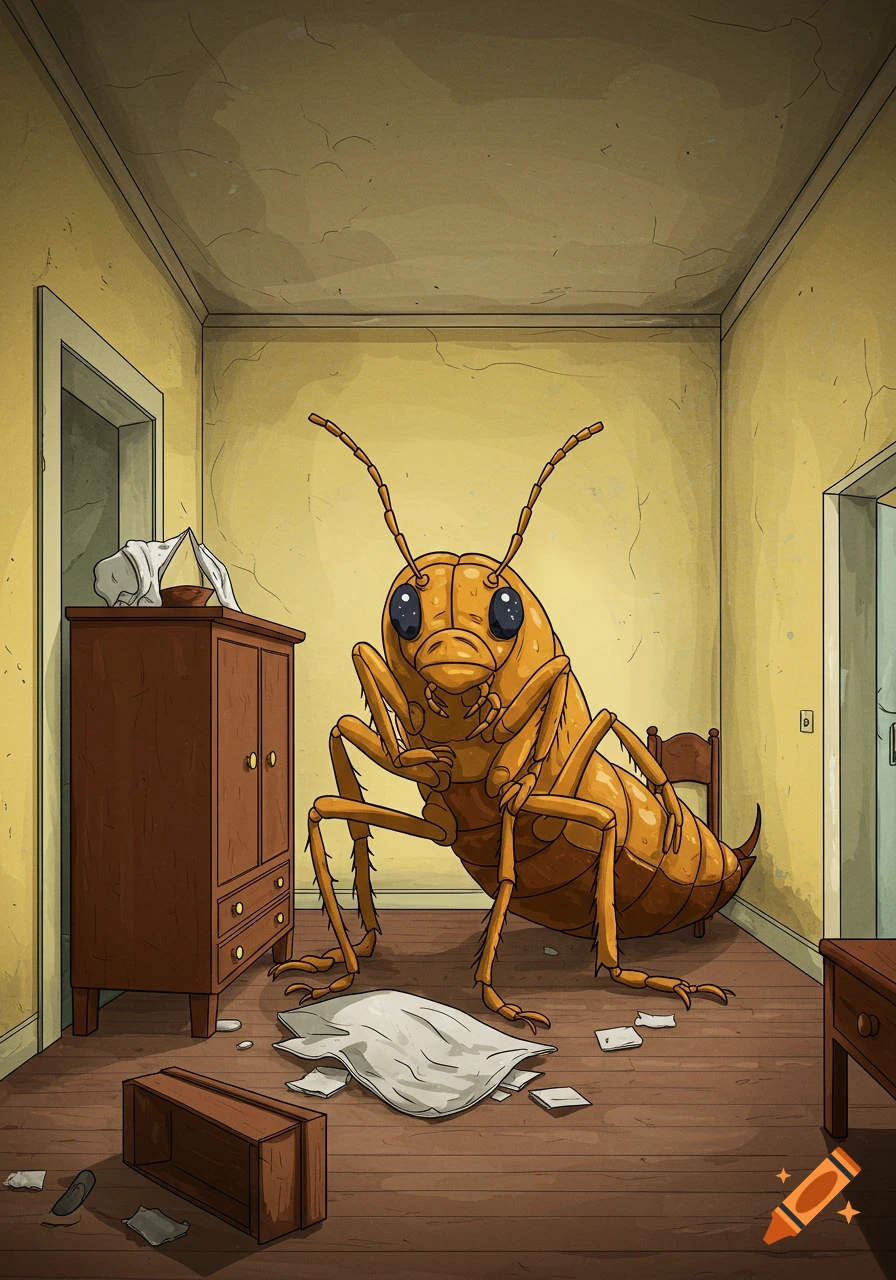 A giant insect stands in a sparse room with furniture pushed aside. on ...