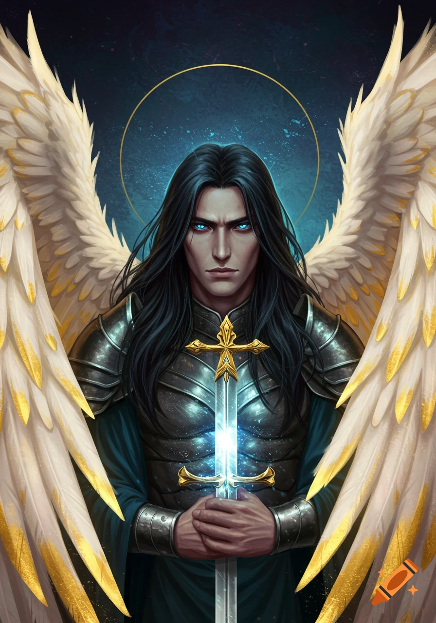 Portrait of an angel in armor holding a sword, with white and gold ...