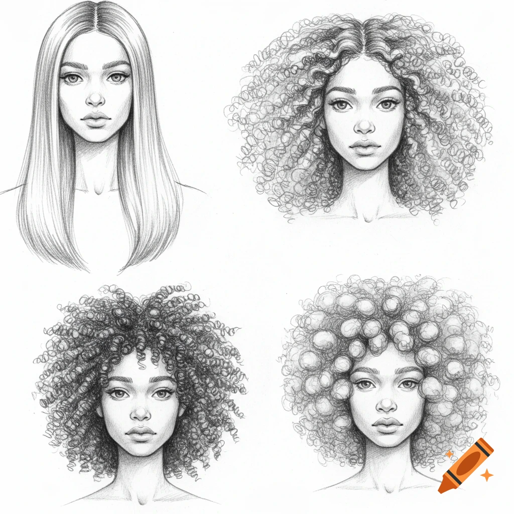 Pencil drawing of four female faces with different hairstyles: straight ...