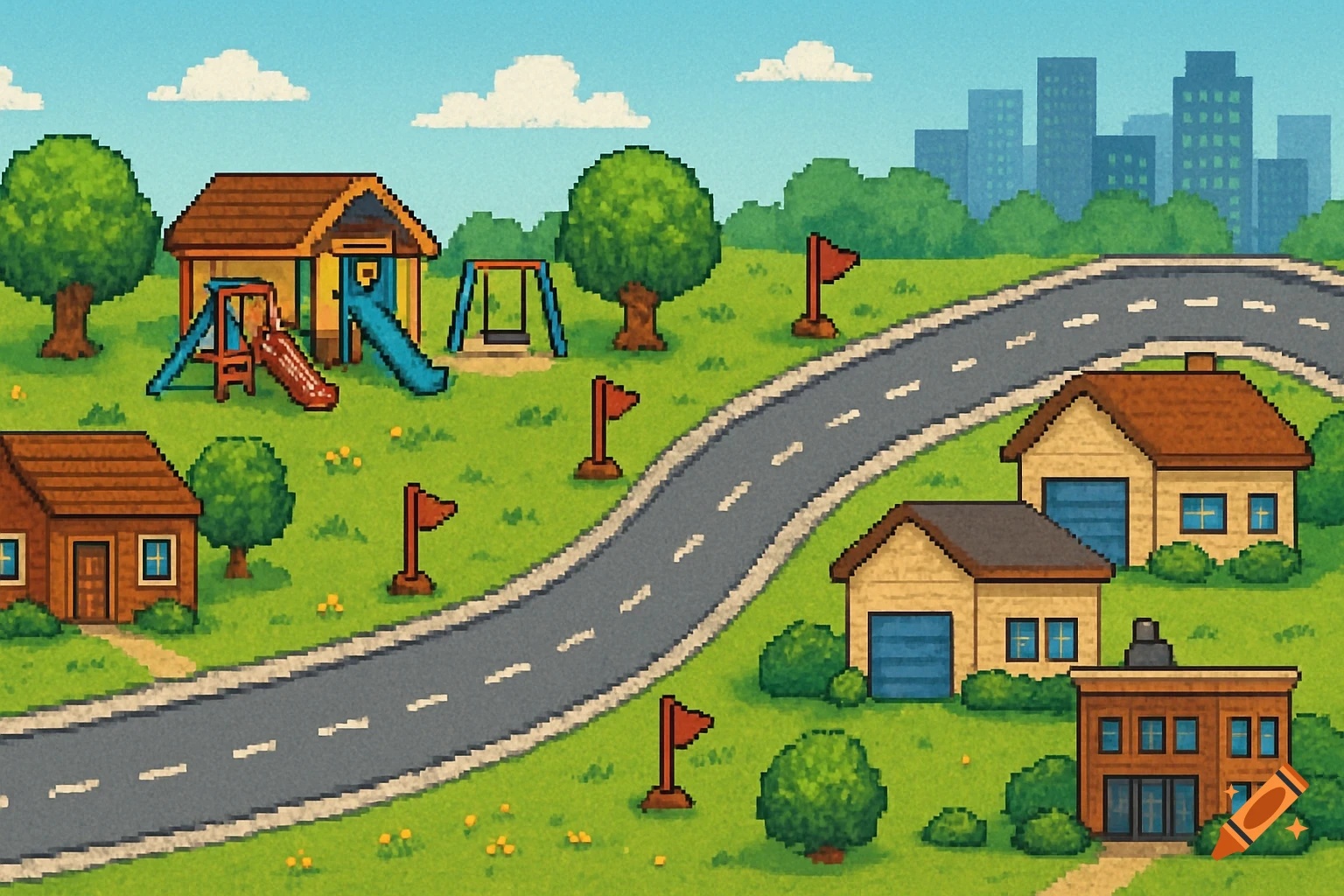Pixel art landscape of a suburban neighborhood with houses, playground ...