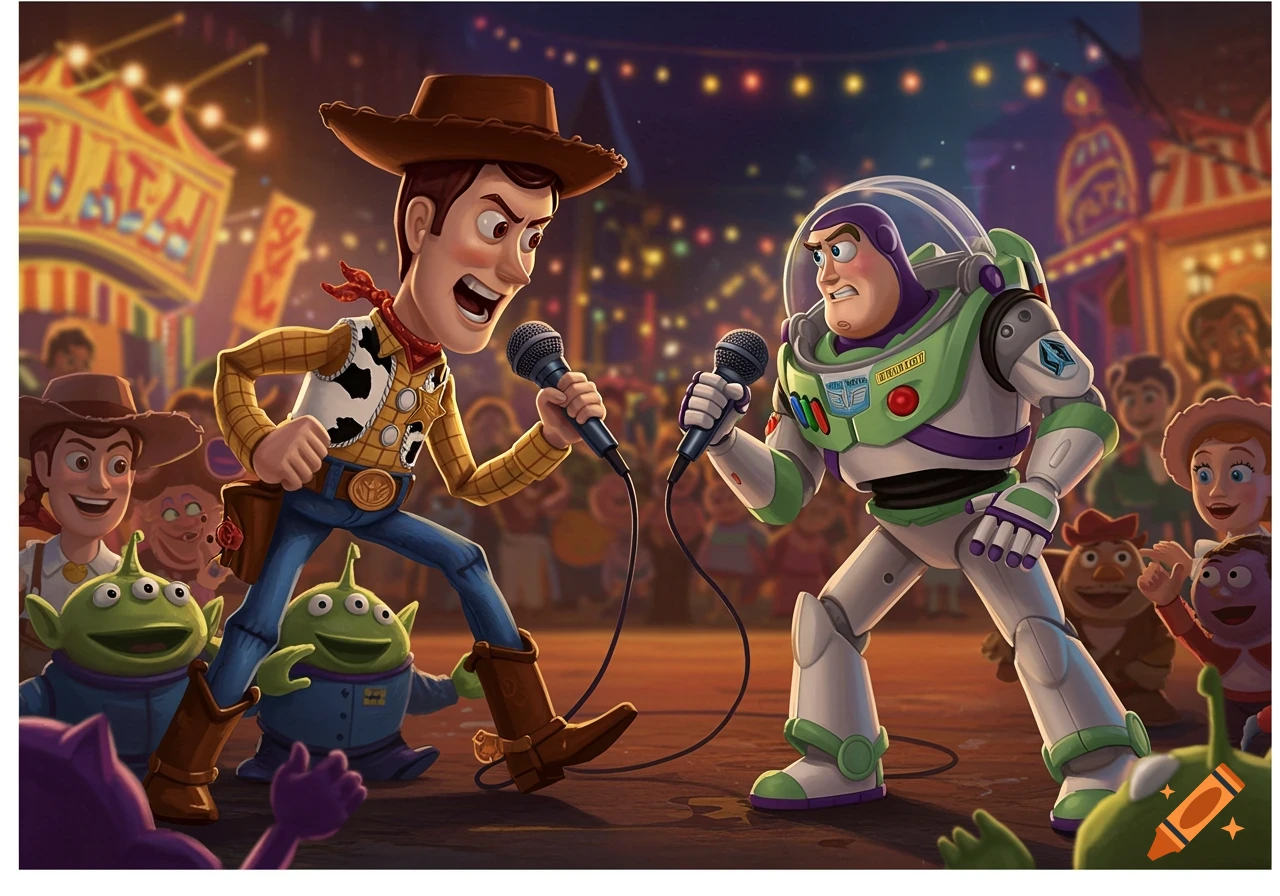 Woody and Buzz Lightyear sing on stage at a carnival. on Craiyon