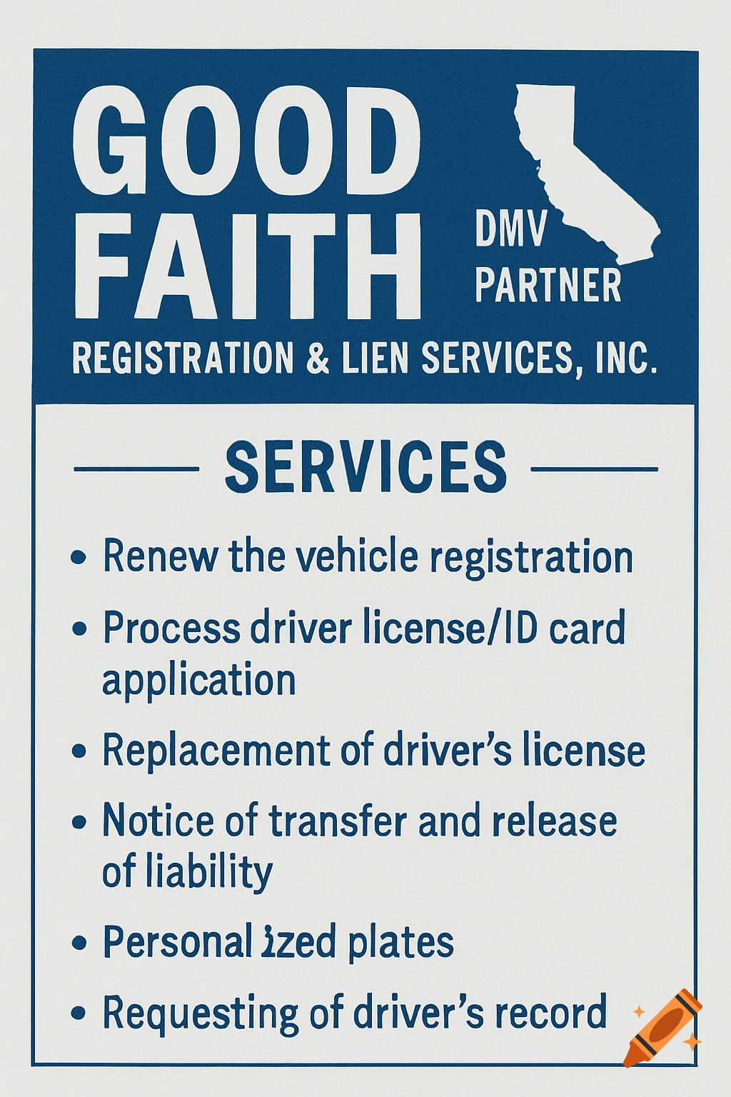 A sign for Good Faith Registration & Lien Services, Inc., a DMV Partner ...