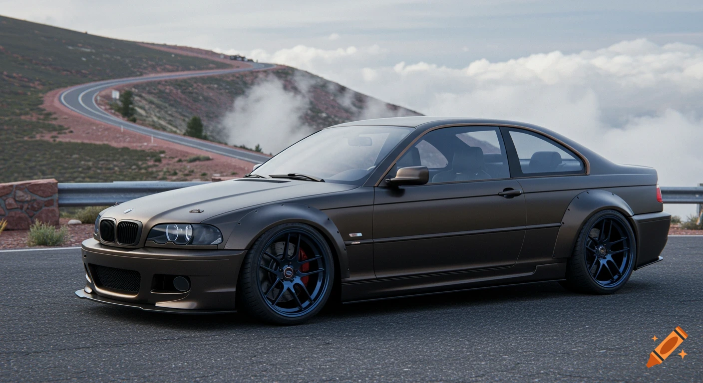 A dark bronze modified BMW E46 coupe with a wide body and dark blue ...