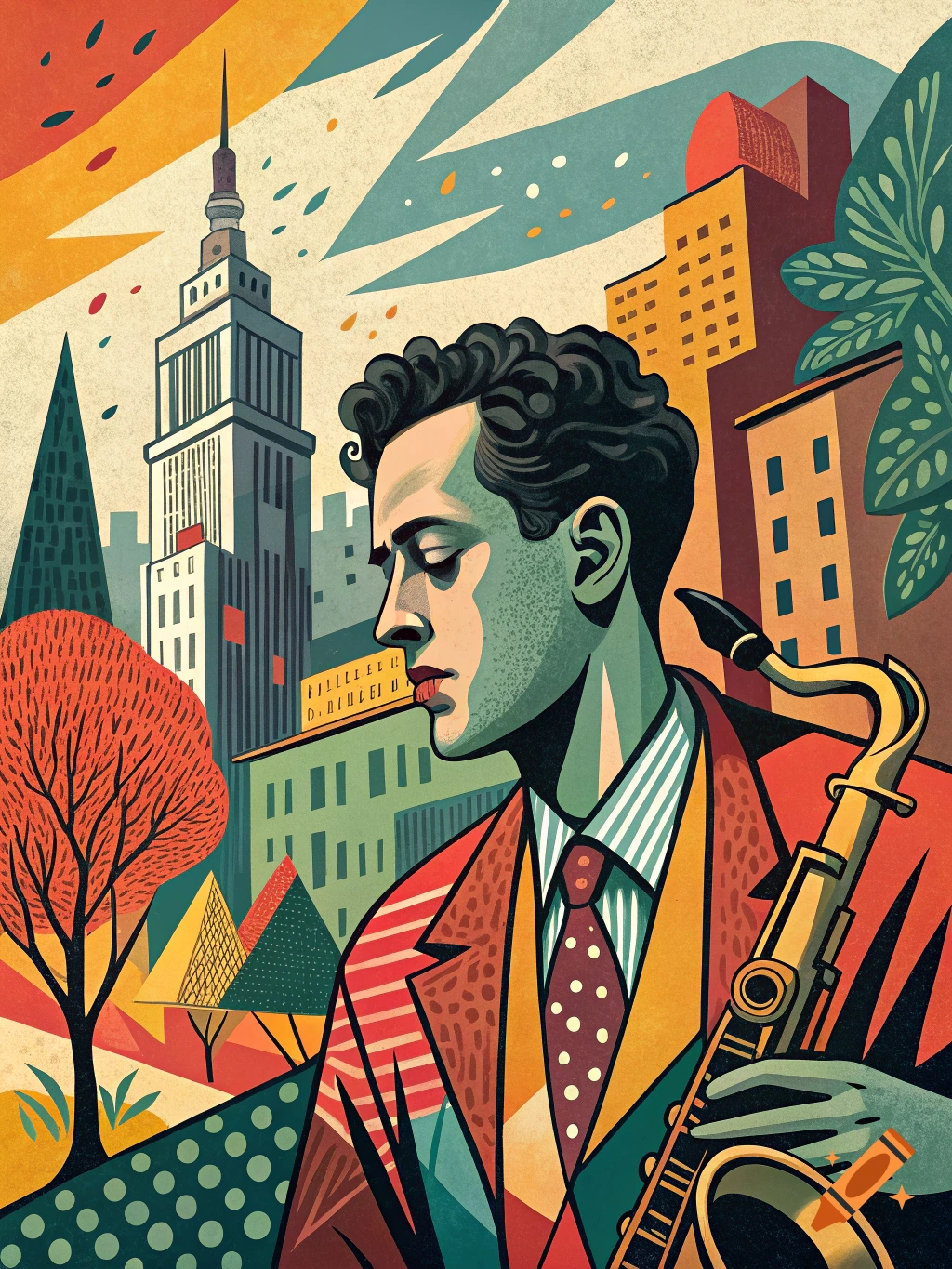 Stylized colorful illustration of a man holding a saxophone in a ...