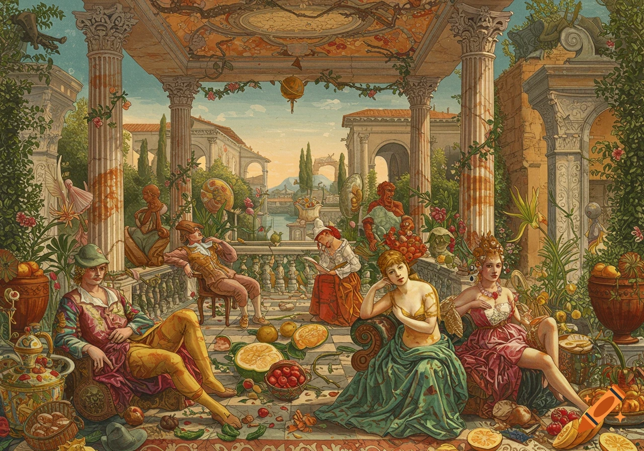 A detailed illustration in a classical style depicting figures relaxing ...