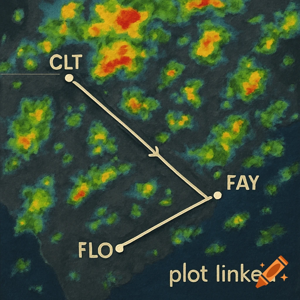 Weather radar map showing a flight path from CLT to FAY diverted to FLO ...