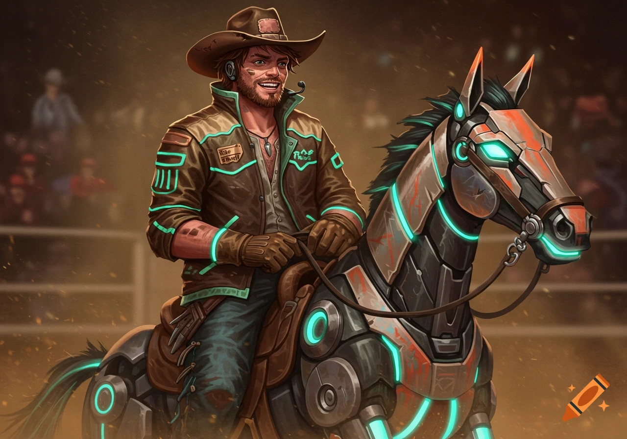 A smiling cyberpunk cowboy rides a glowing mechanical horse in a rodeo ...
