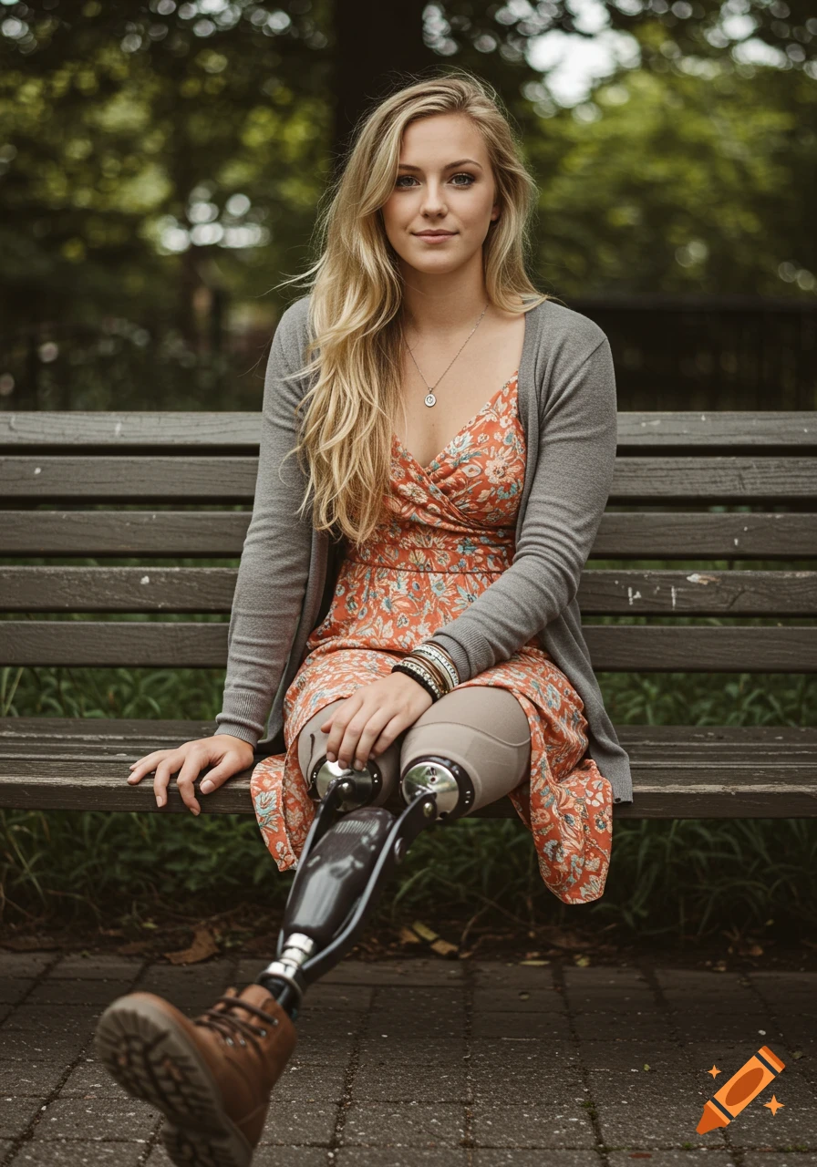Woman with blonde hair and prosthetic legs sitting on a park bench. on ...