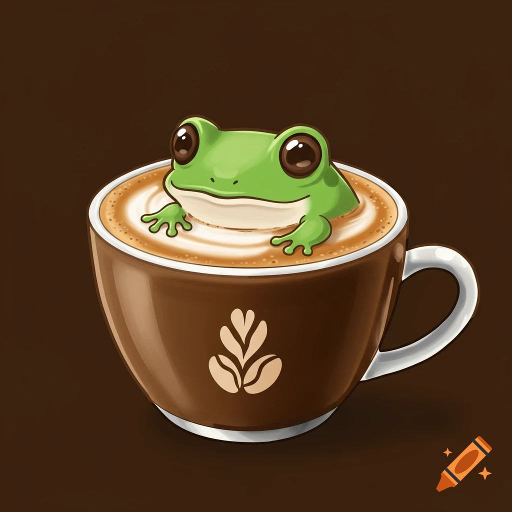 A cartoon frog peeking out of a coffee cup with latte art on Craiyon