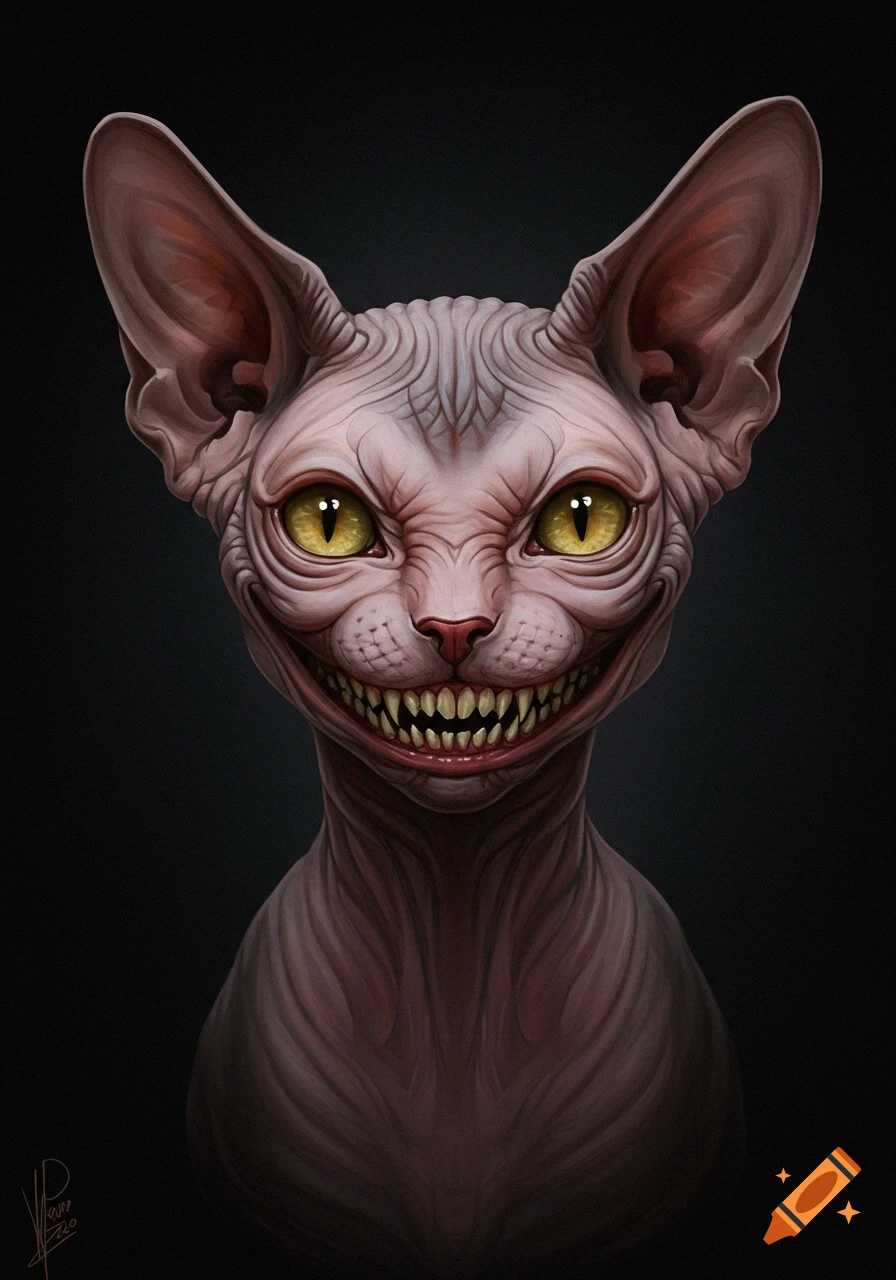 Close-up portrait of a creepy hairless Sphinx cat with yellow eyes and ...