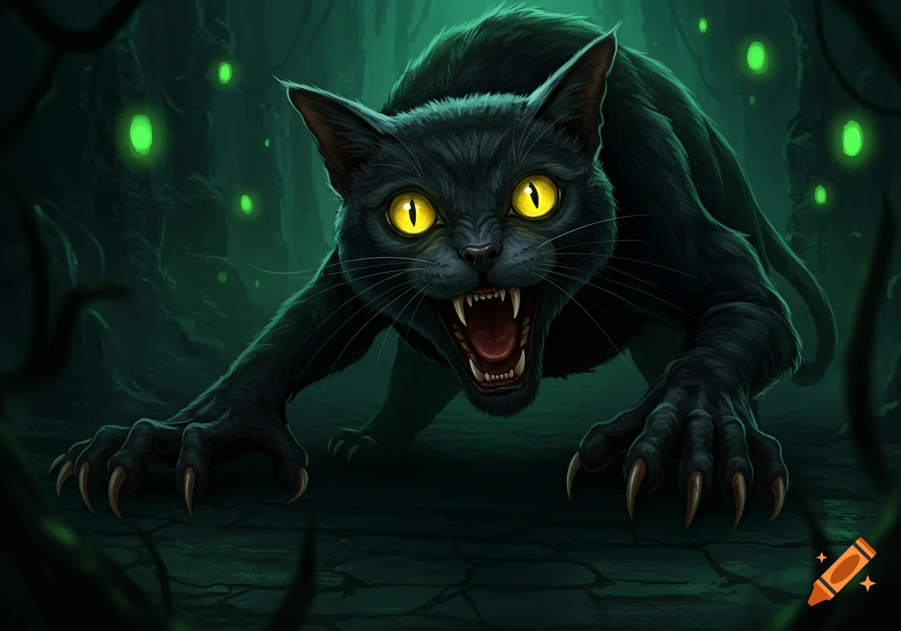 Scary black cat with glowing yellow eyes and sharp claws in a dark ...