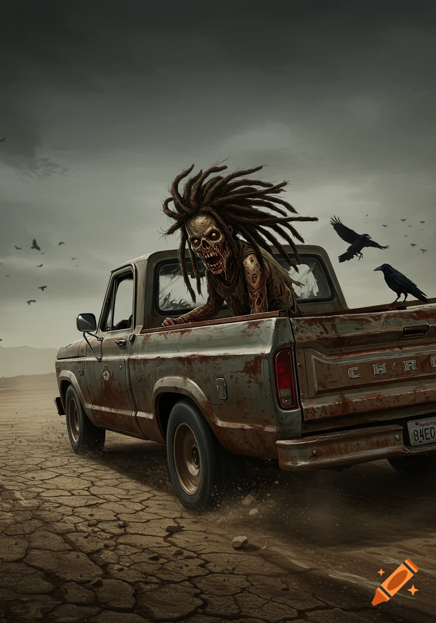 A dreadlock zombie leans out of the back of a rusty pickup truck ...