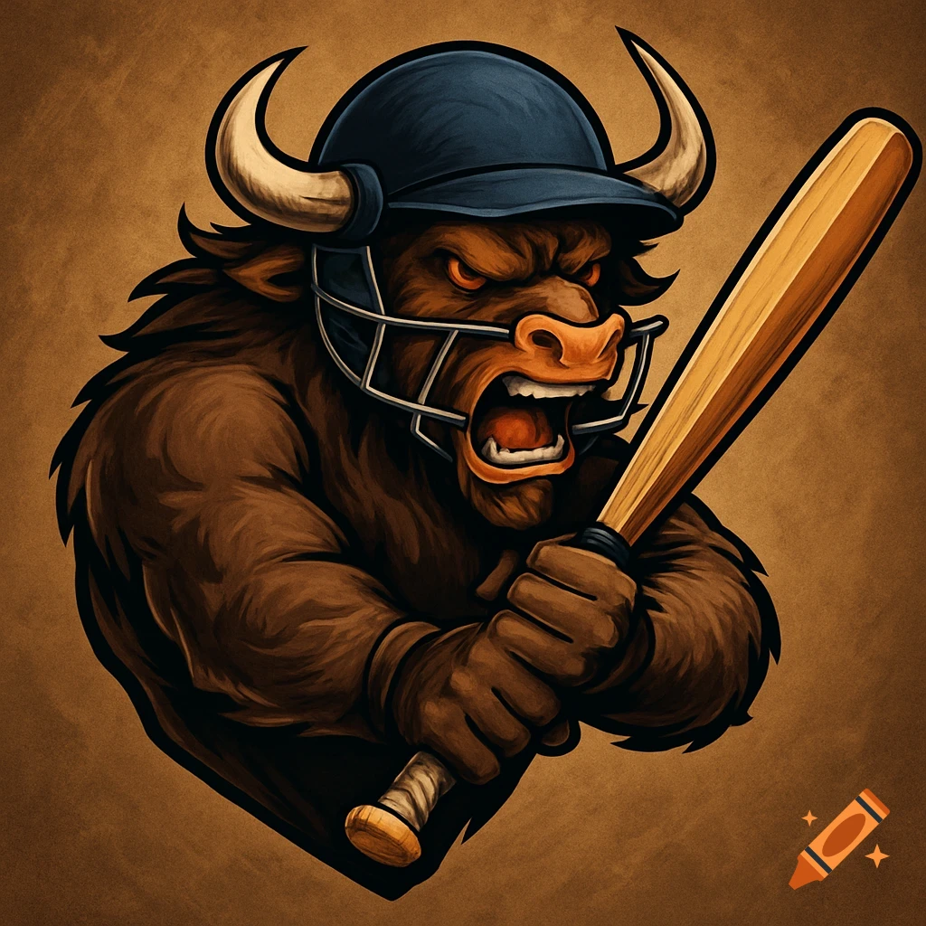 Angry yak wearing a baseball helmet, holding a baseball bat like a logo ...