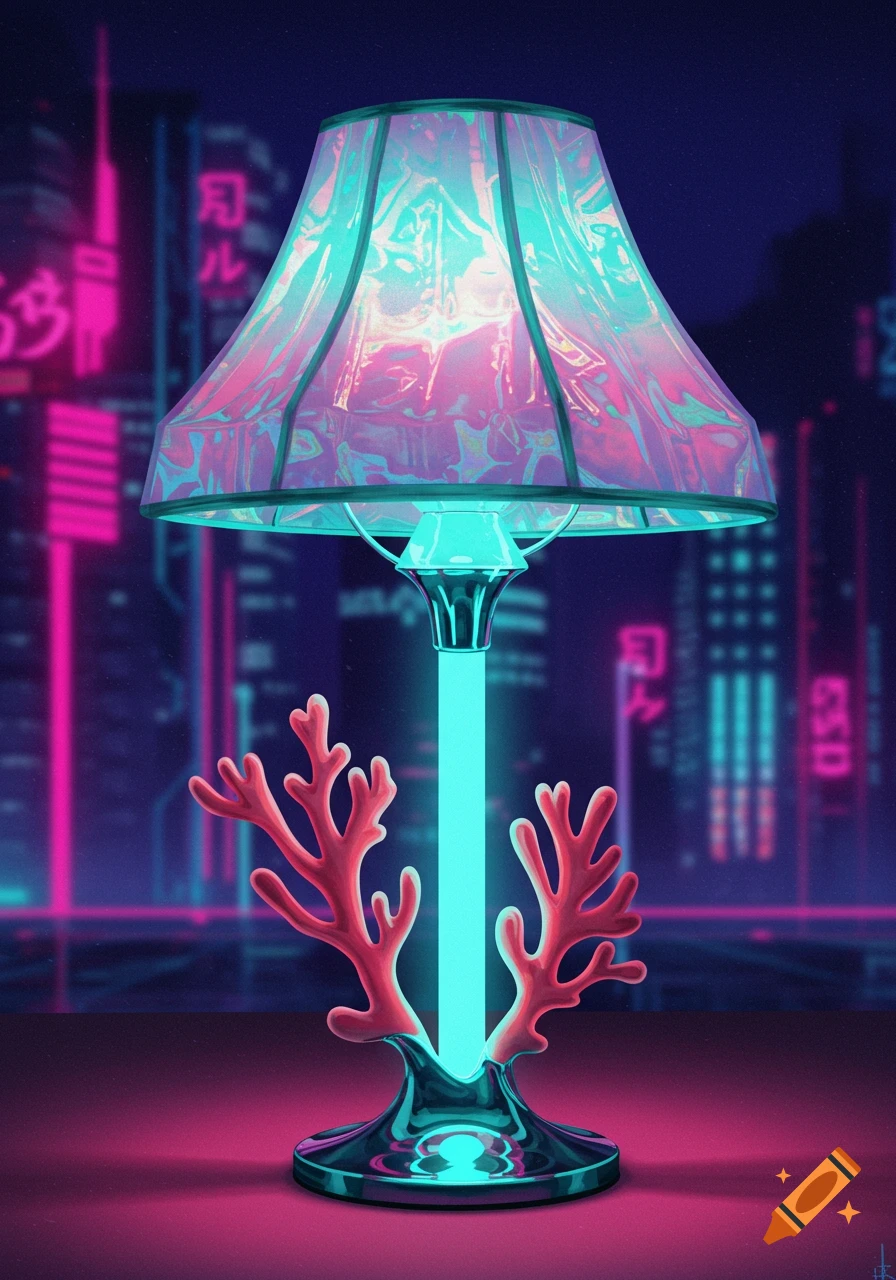 Futuristic lamp with glowing coral base in front of a neon-lit city ...