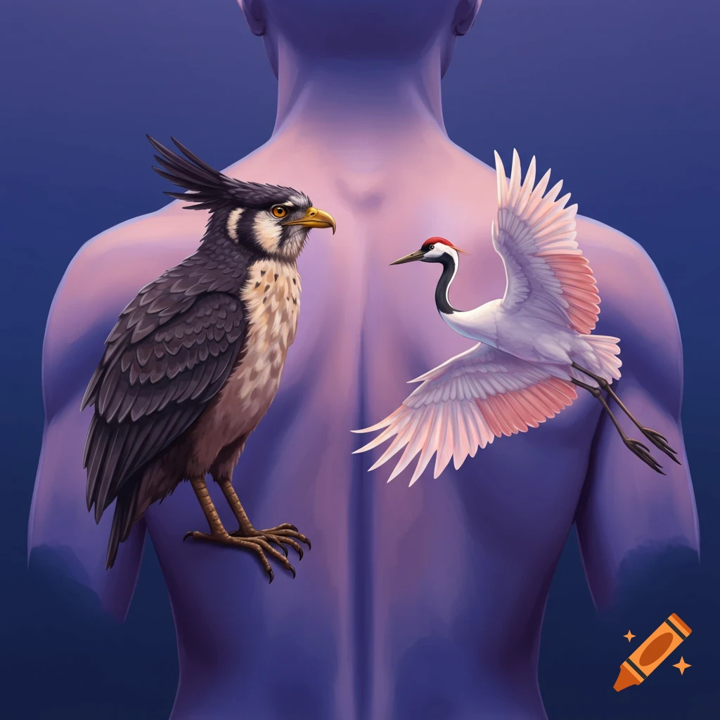 Digital illustration of a person's back with a large raptor on the left ...