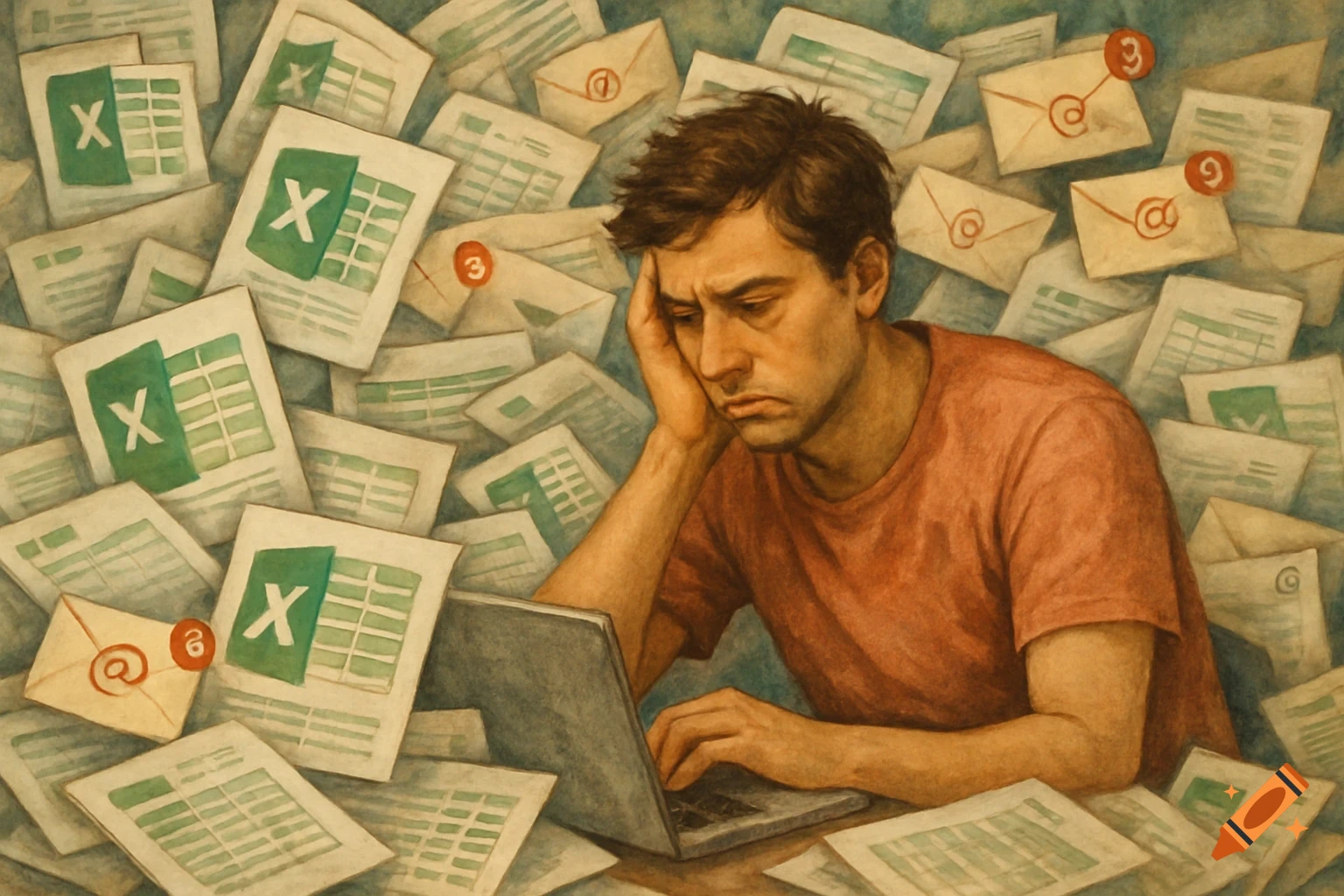 Painted illustration of a stressed man working on a laptop surrounded ...