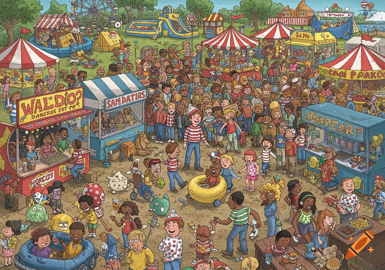 Busy cartoon of a fair with a crowd, tents, rides, and stalls. on Craiyon