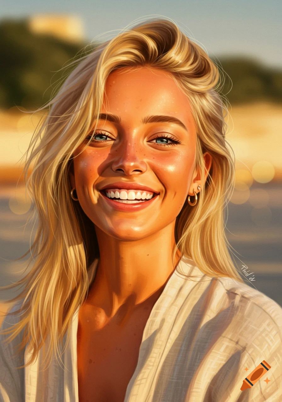 A smiling blonde woman with sun-kissed skin. on Craiyon