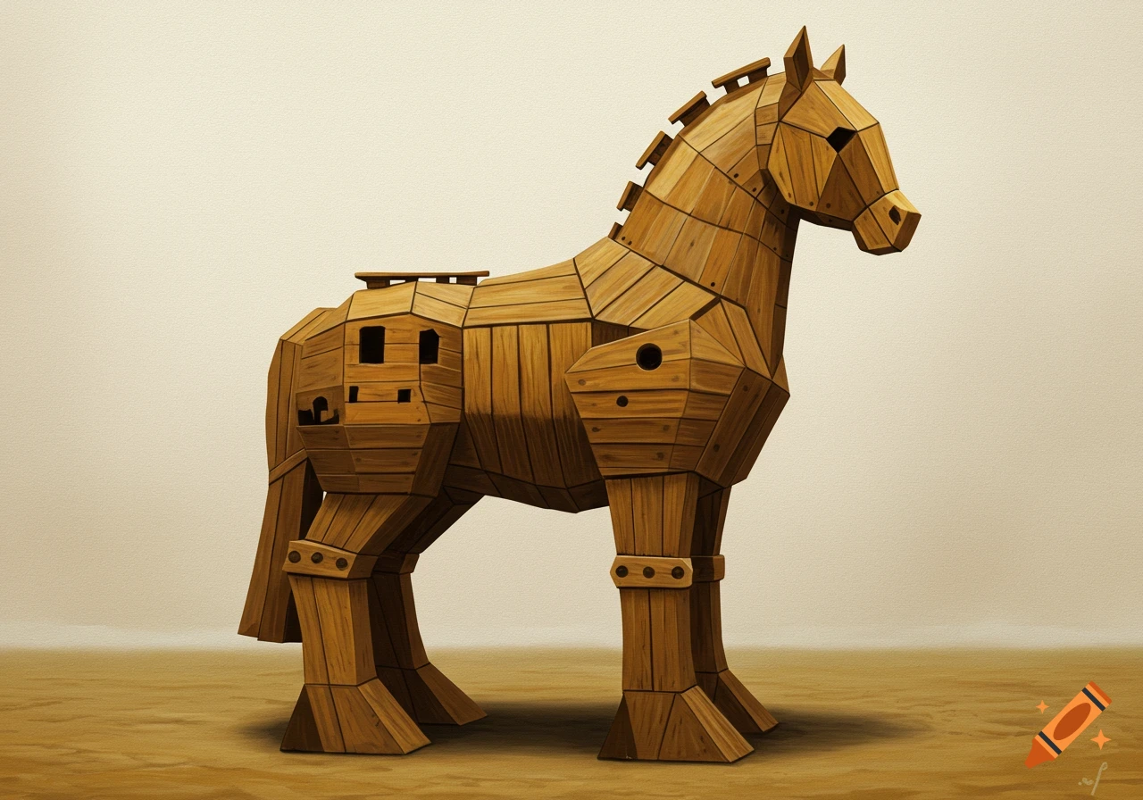A painting of a large wooden Trojan horse. on Craiyon