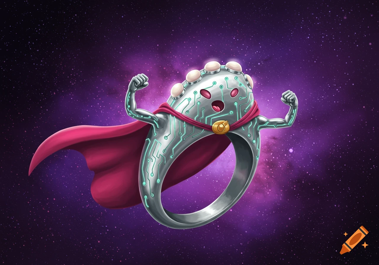 A cartoonish superhero ring with circuit patterns and a red cape flies ...