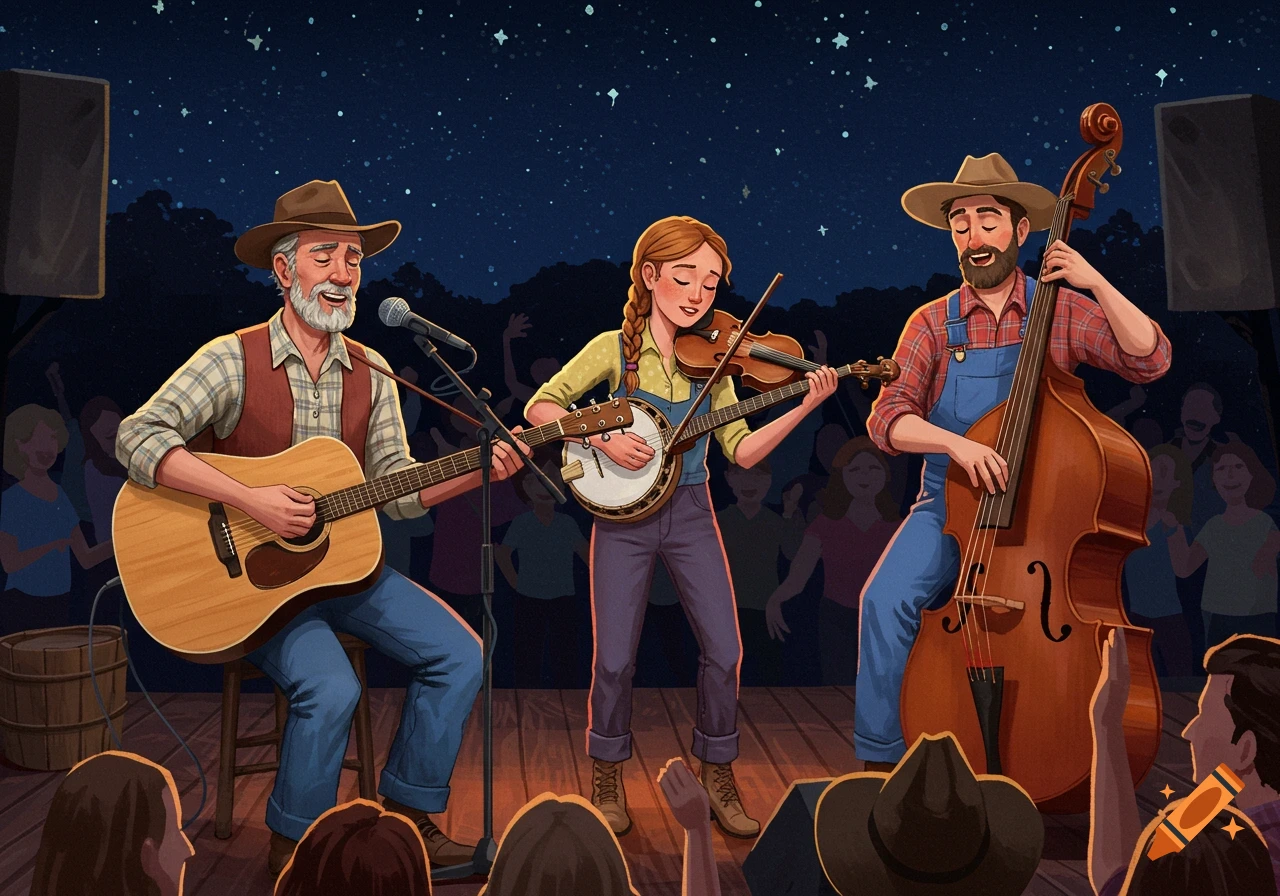 An illustration of a bluegrass band playing music on a stage under a ...