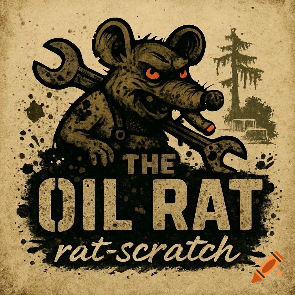 Grunge cartoon logo of a rat mechanic with a wrench and text 'The Oil ...