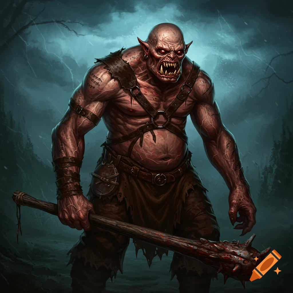 A muscular ogre with red eyes and tusks holding a spiked club in a dark ...