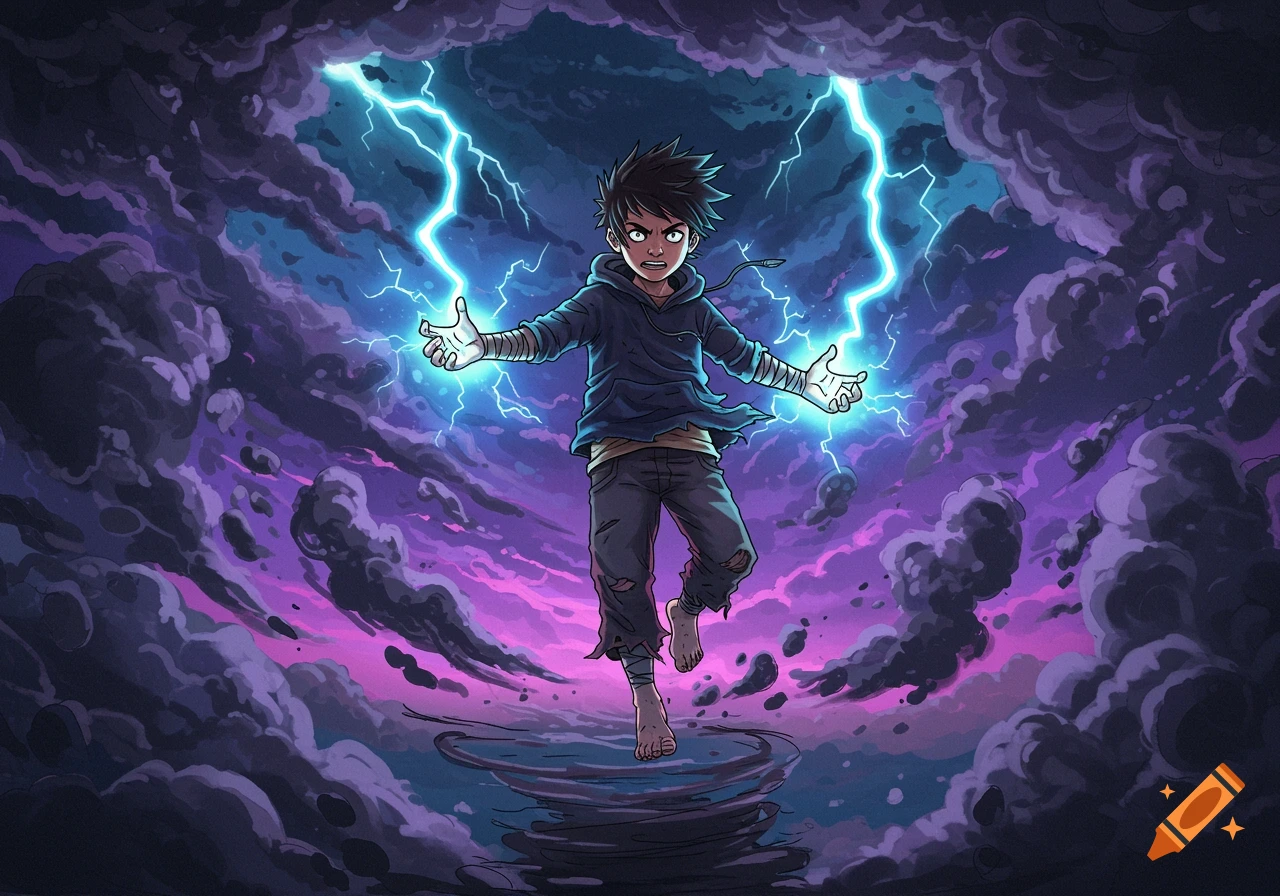 Anime style illustration of a boy with storm powers surrounded by dark ...