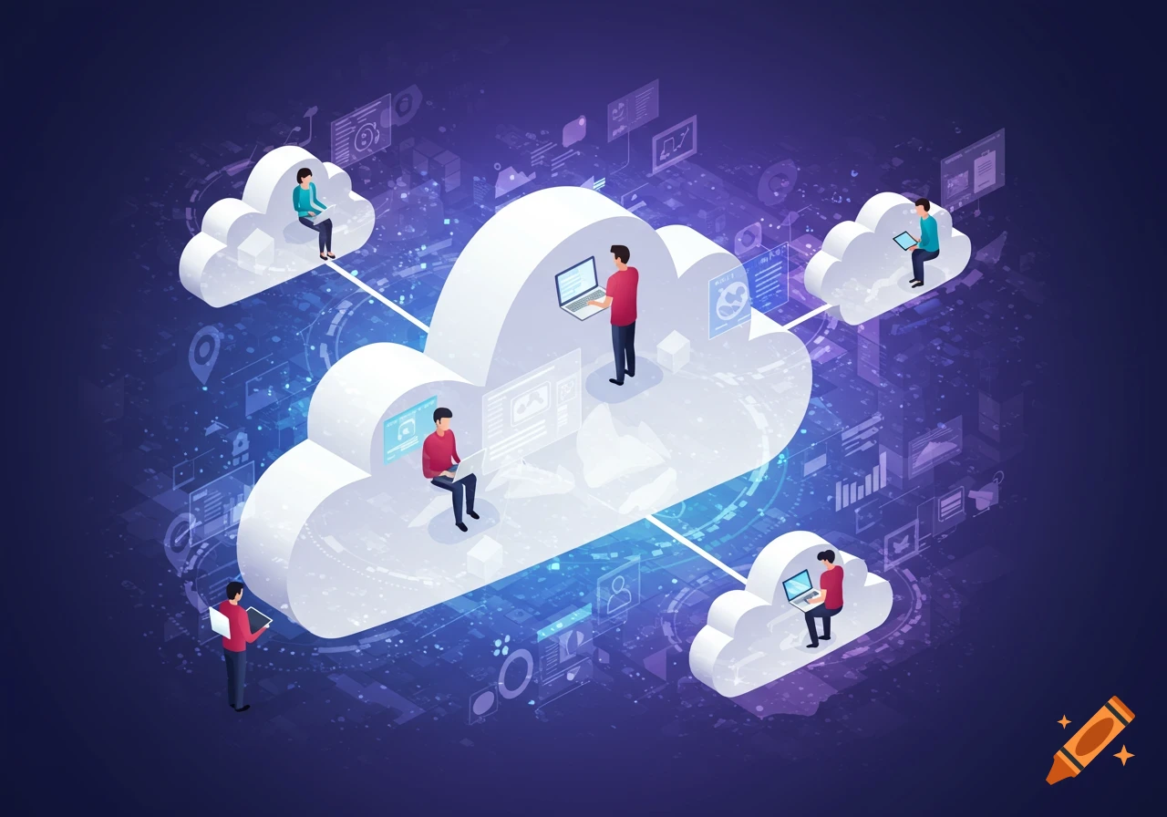 Isometric illustration of people working on laptops on and around clouds connected by lines ...