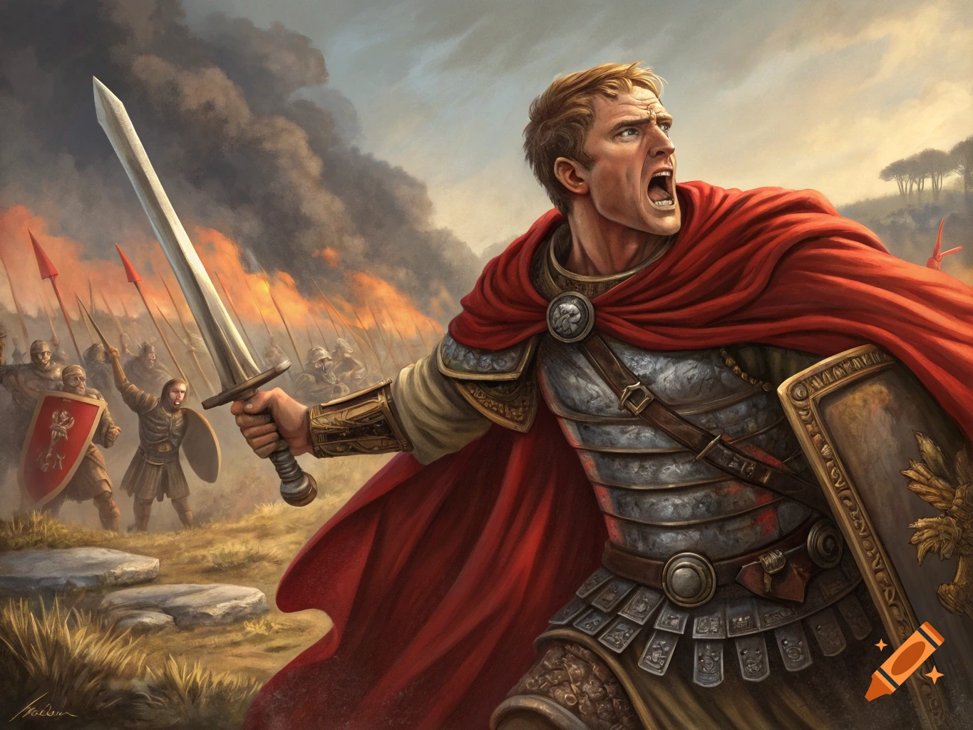 A Roman-style warrior in armor and red cape leads soldiers into battle ...