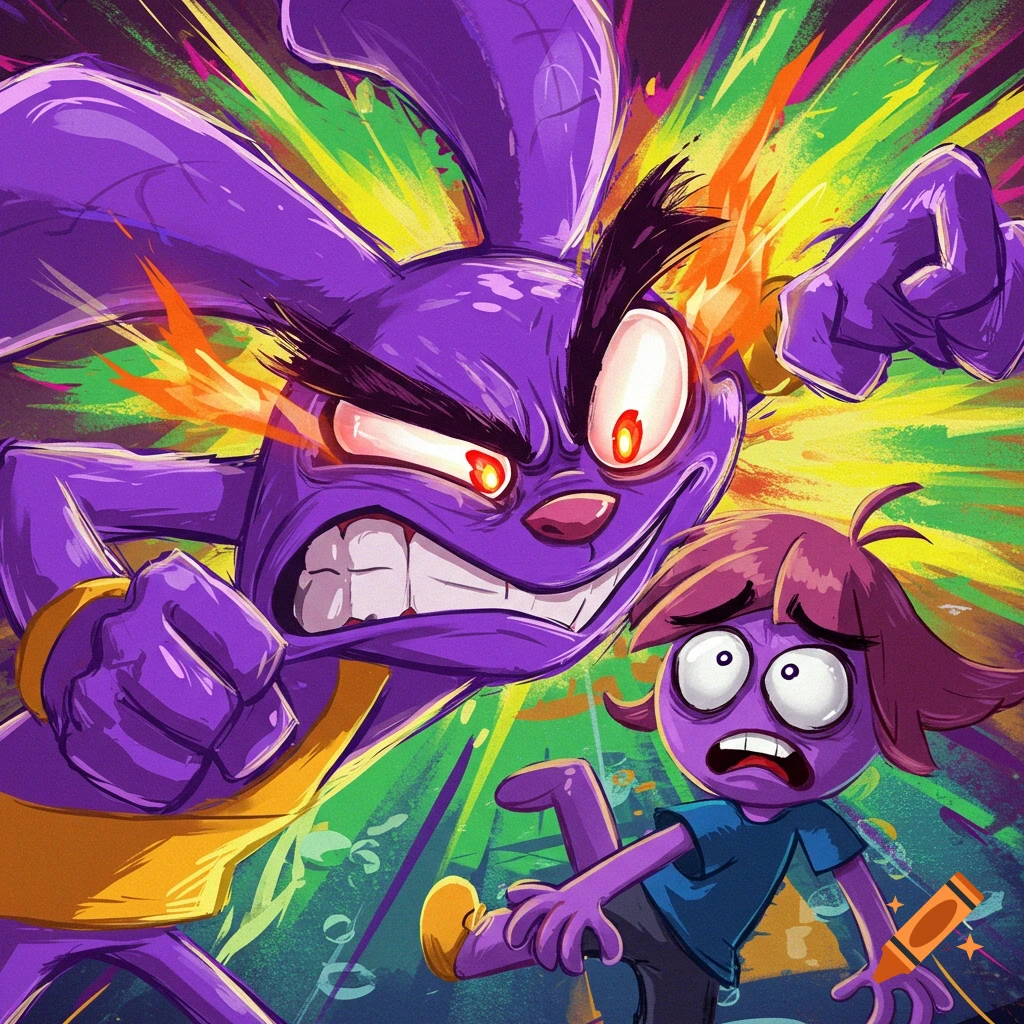 Cartoon of an angry purple rabbit-like creature confronting a scared ...