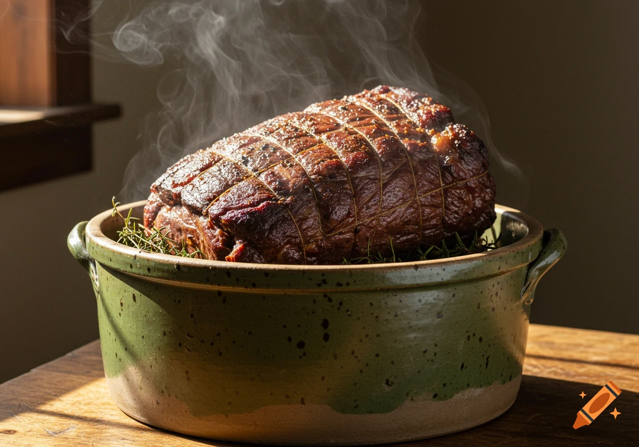 A steaming beef roast in a green stoneware pot on Craiyon
