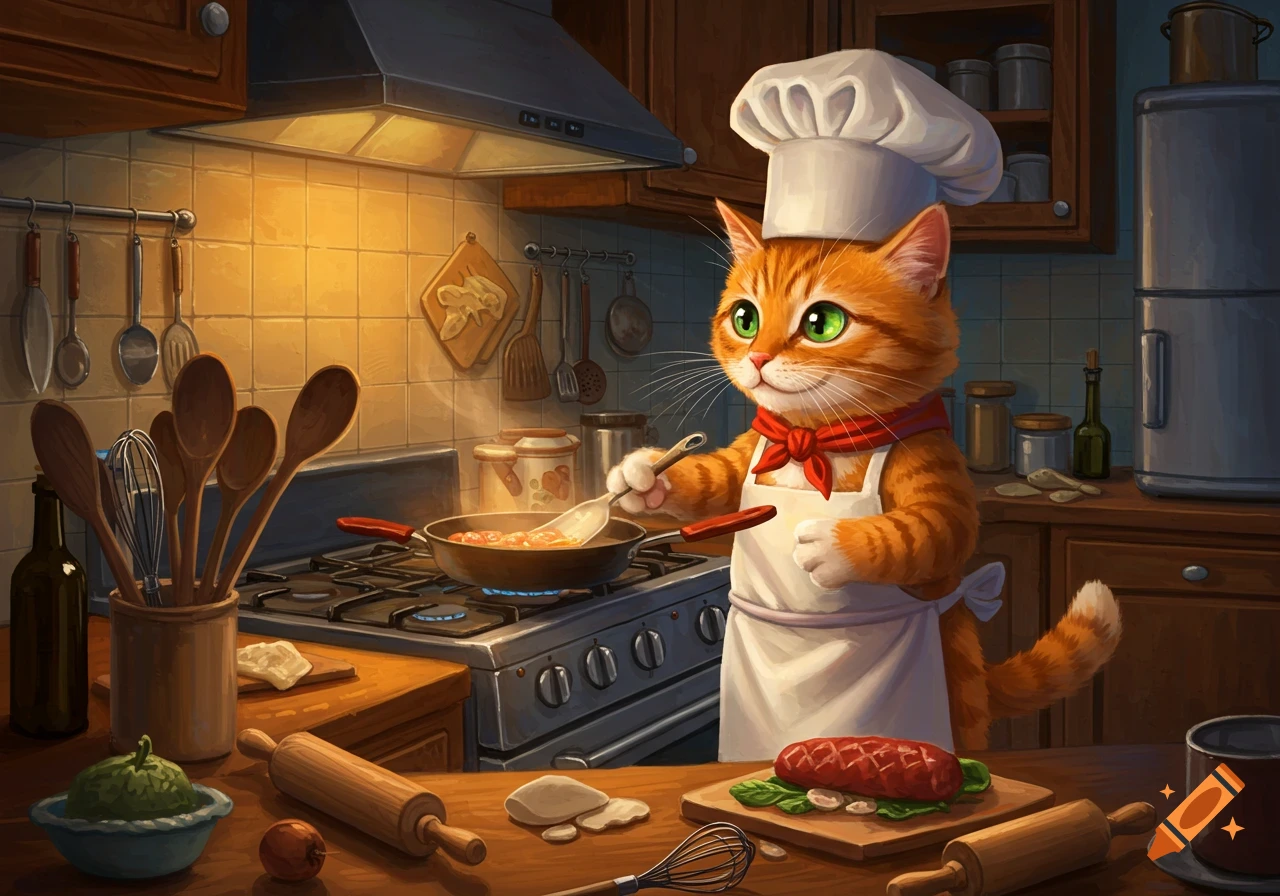 An orange cartoon cat wearing a chef hat and apron cooks food in a ...