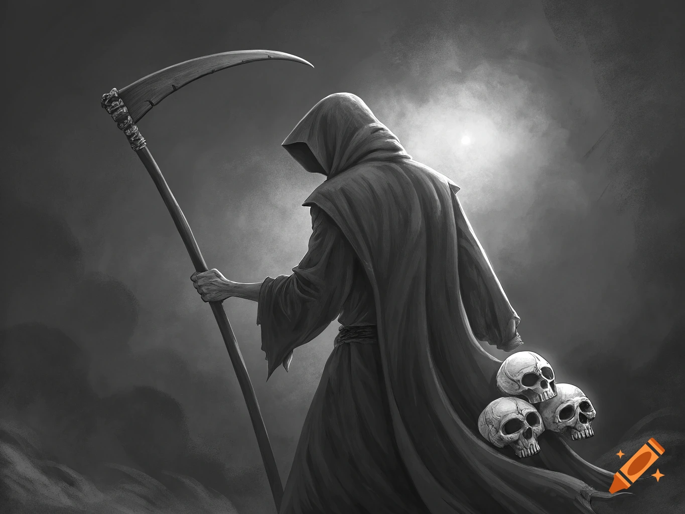 Grayscale illustration of a grim reaper holding a scythe and walking ...