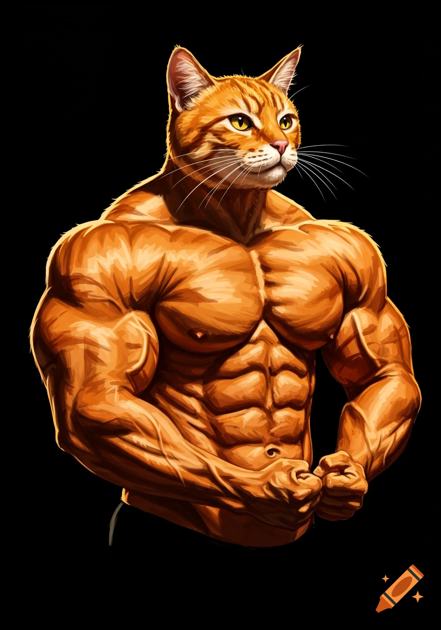 Muscular orange tabby cat standing and flexing muscles on a black background. on Craiyon