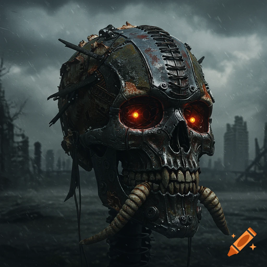 Metallic and mechanical skull mask with glowing red eyes and tusks in a ...