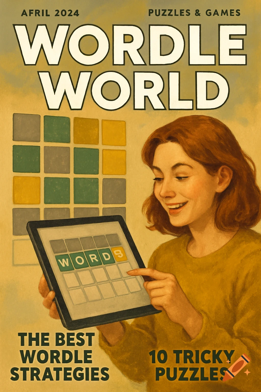 Illustration of a 'Wordle World' magazine cover with a woman playing Wordle on a tablet. on Craiyon