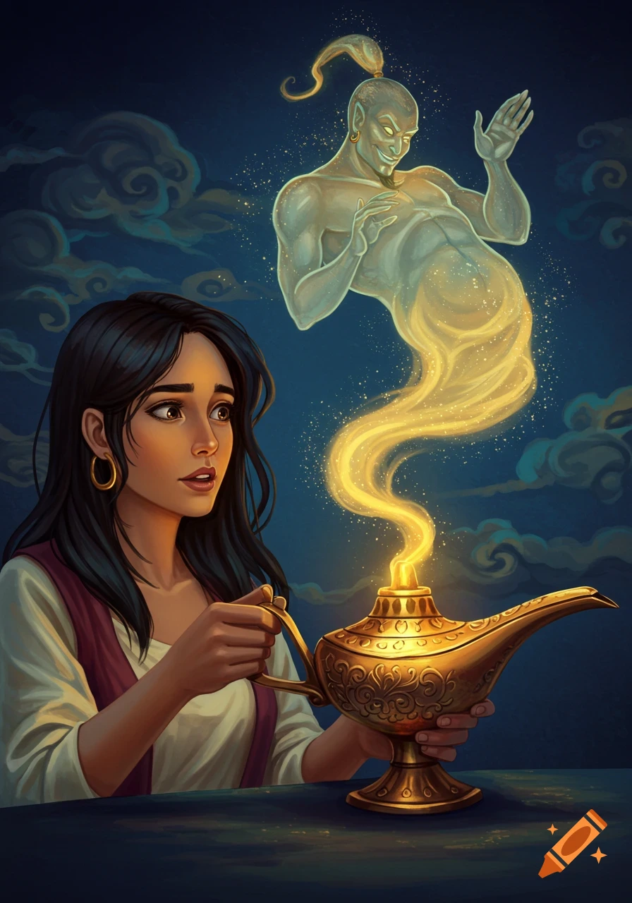 An illustration of a woman looking surprised as a genie emerges from a ...