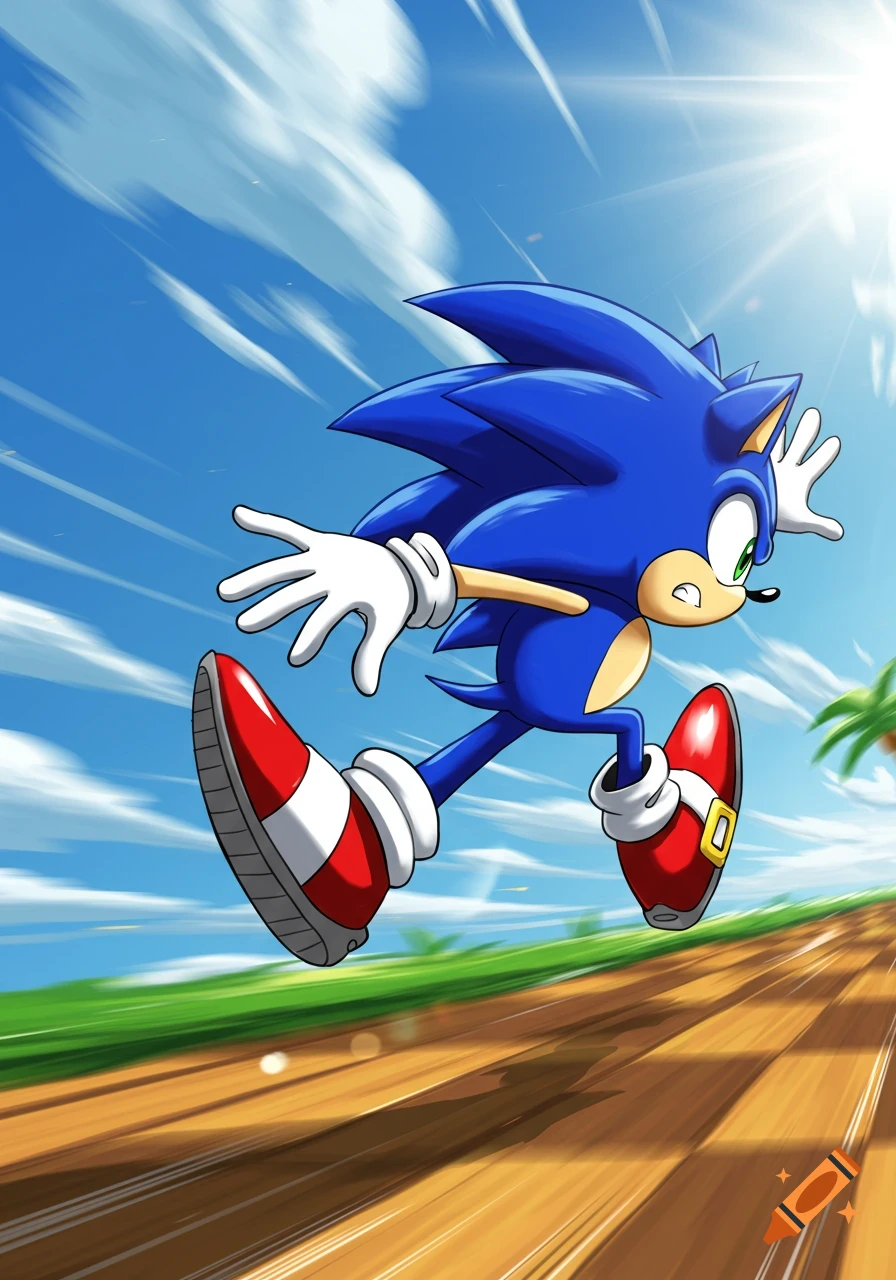 Sonic the Hedgehog running fast through a bright green landscape under ...