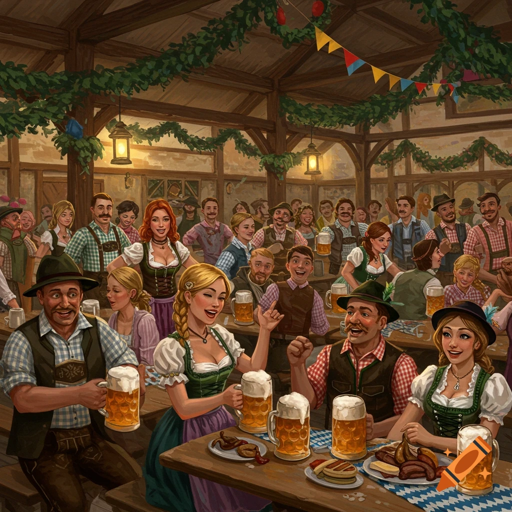 Illustration of a crowded German beer hall with people in traditional ...