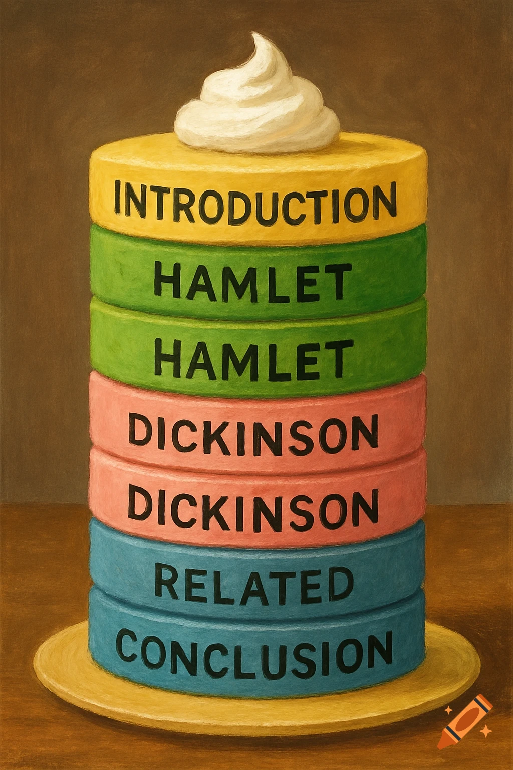 A still life painting of a stacked cake with colorful layers labeled ...