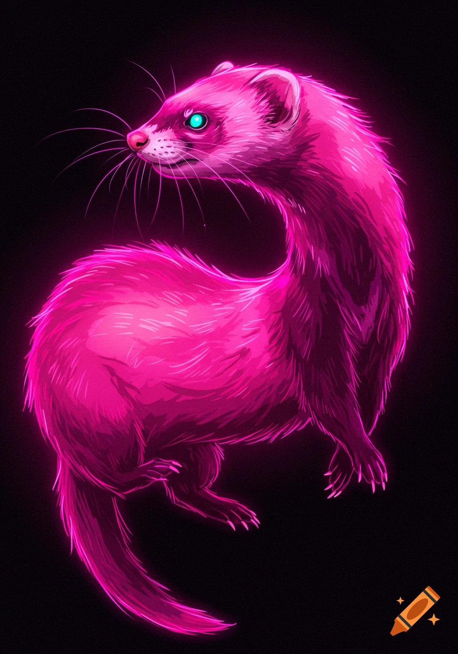 A stylized neon pink ferret with bright blue eyes on a black background ...