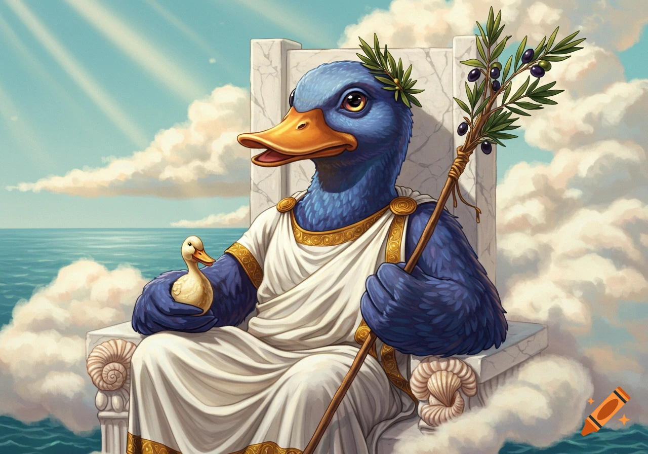 Digital painting of a blue duck dressed as a Greek god on a throne ...