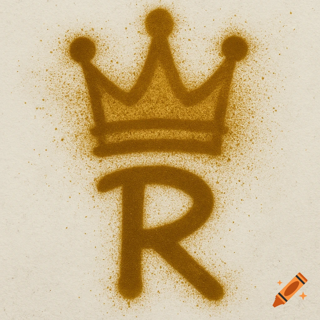Gold spray-painted crown above the letter R on a beige background. on ...
