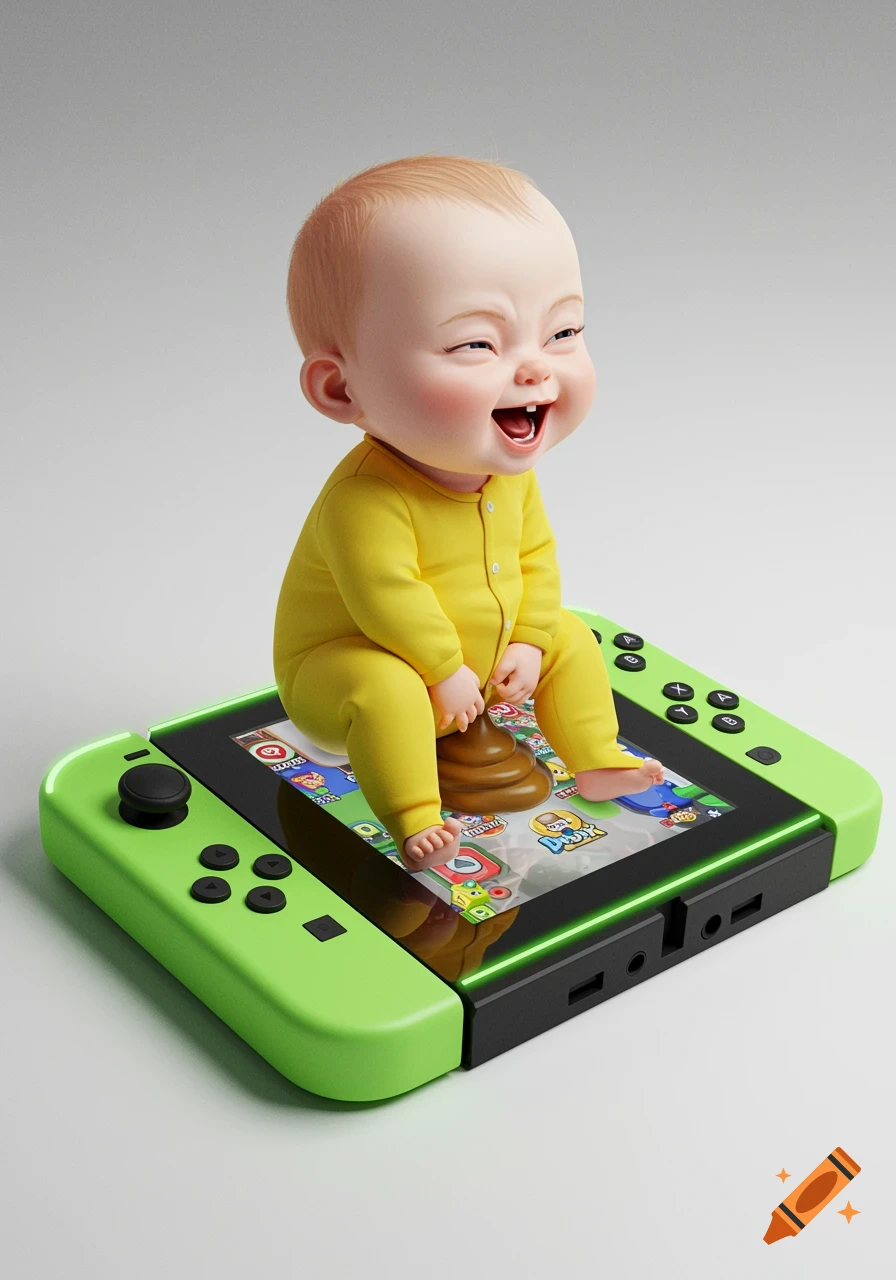 A baby in a yellow onesie sits on a green Nintendo Switch, pooping ...