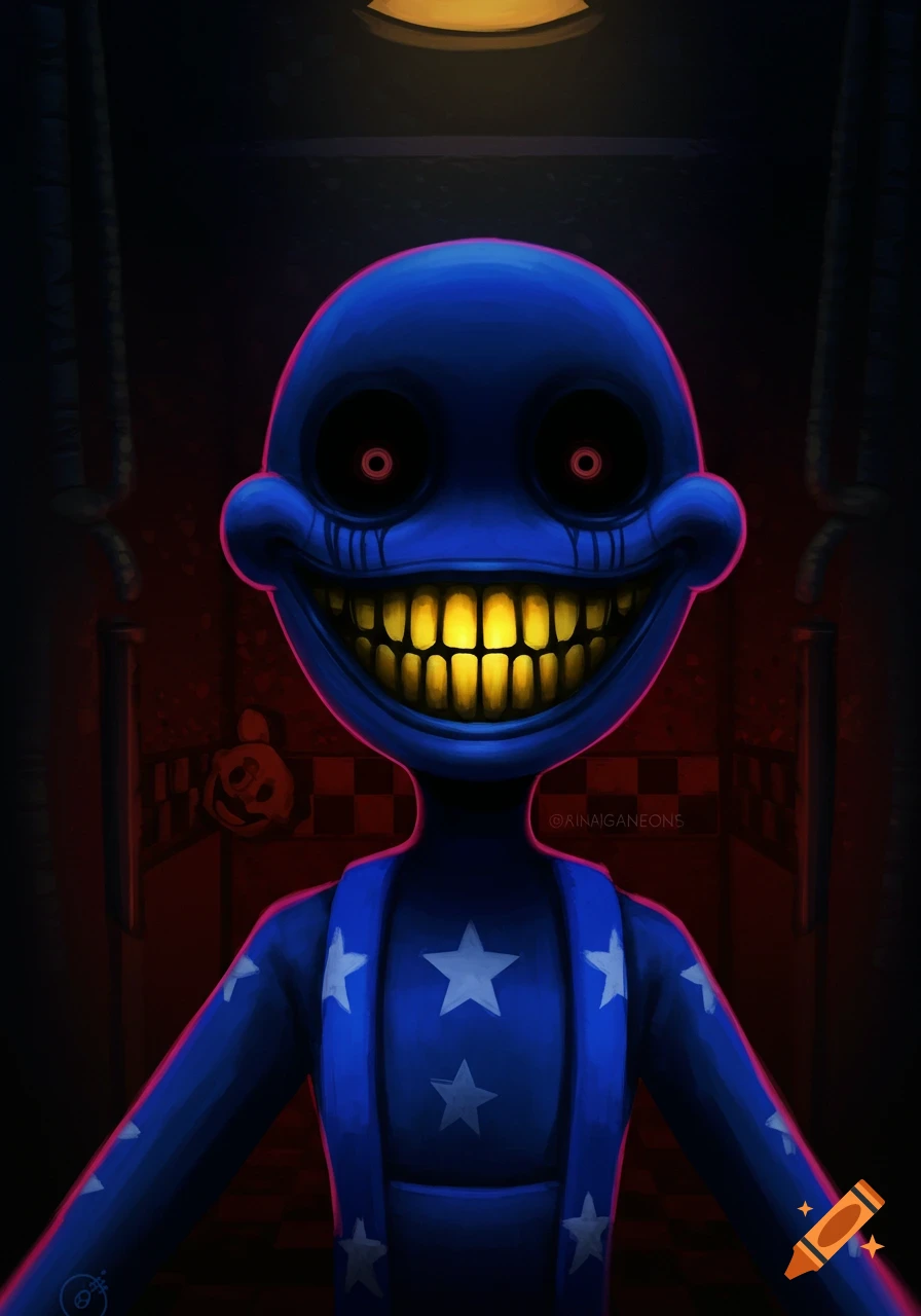 Illustration of a creepy blue character with a wide smile and glowing ...