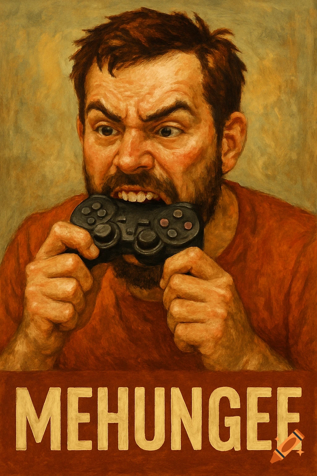Angry man biting a controller below the word MEHUNGEE, in a painterly ...
