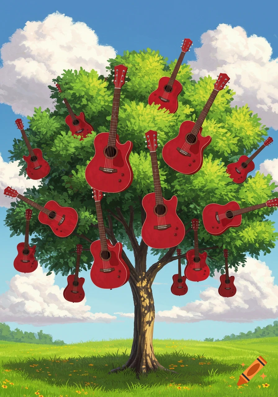 An illustrated tree growing red guitars in a grassy field under a ...