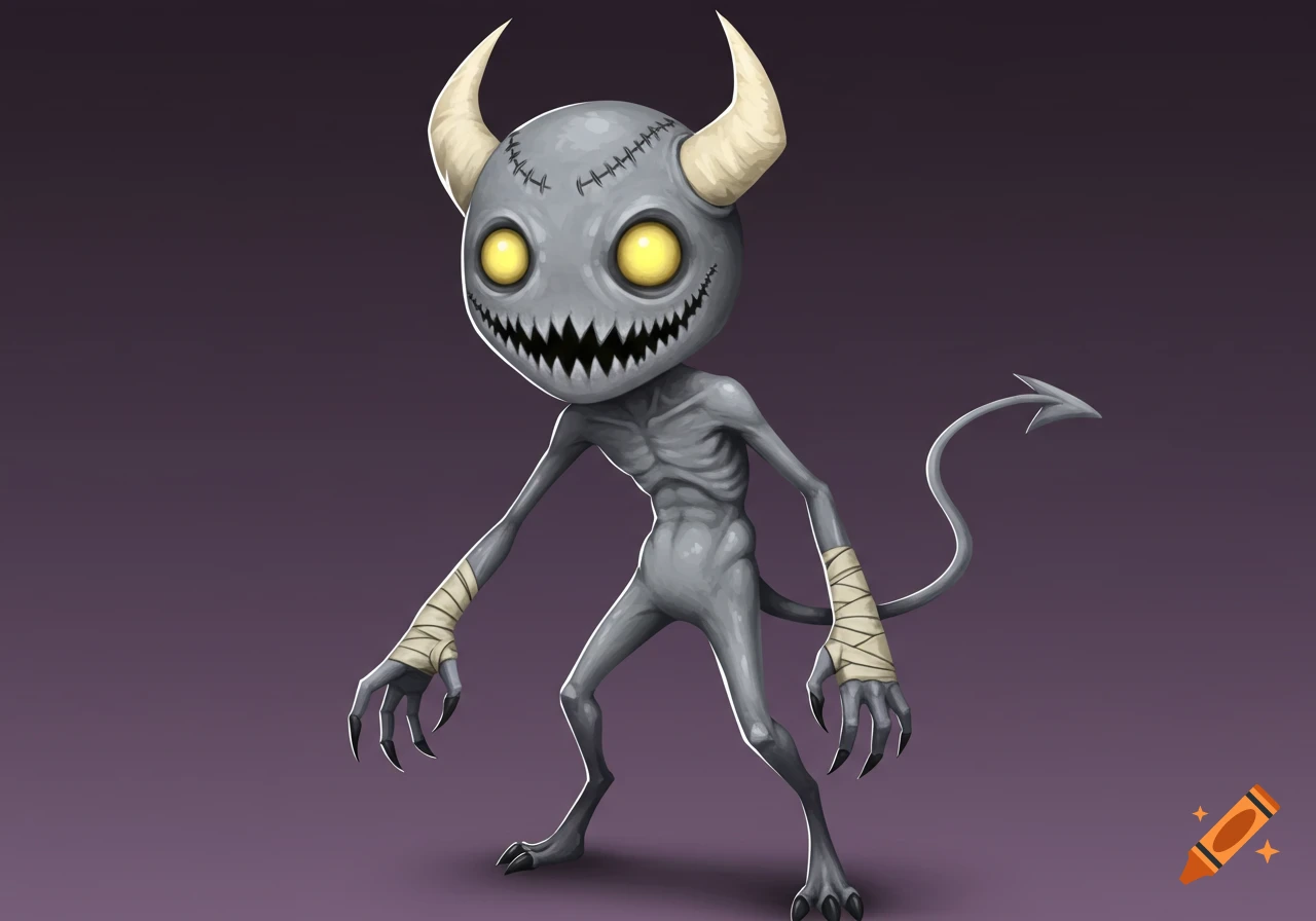 A stylized illustration of a gray demon or imp creature with yellow ...